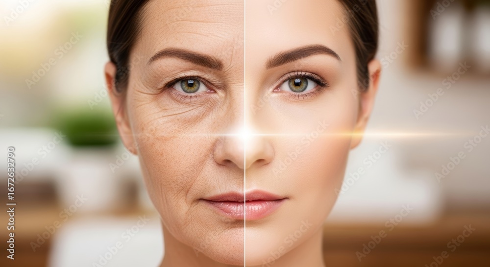 Beautiful woman's face, half before and half after laser skin ...