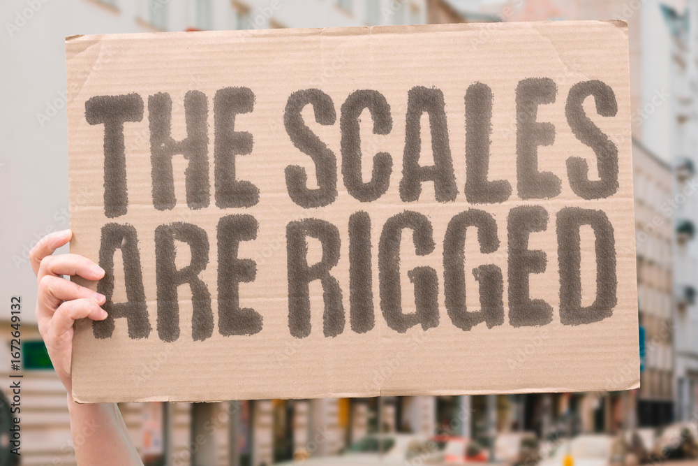 “The scales are rigged” is shown on a protest banner, symbolizing ...