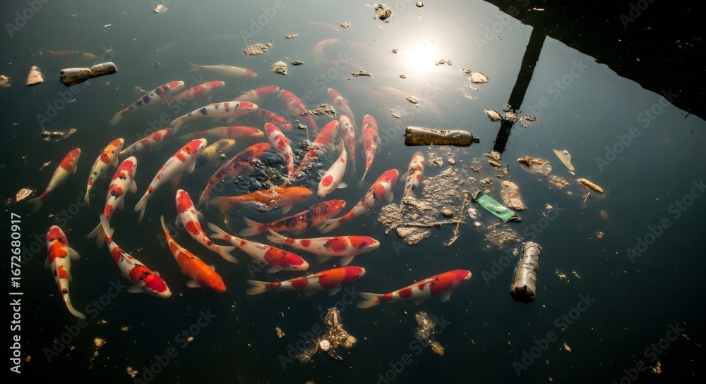Koi fish swim in dirty water with plastic waste and garbage. Concept of ...
