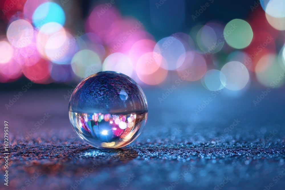 Glass orb on the ground with blurred colorful lights New Year theme ...