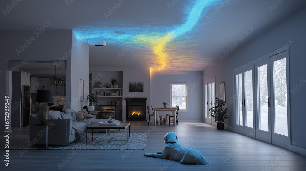 Smart home thermal camera in a living room, pets and furniture show ...