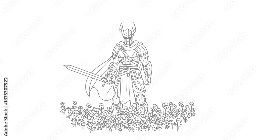 knight in armor, sword, flowers, fantasy illustration, line art ...