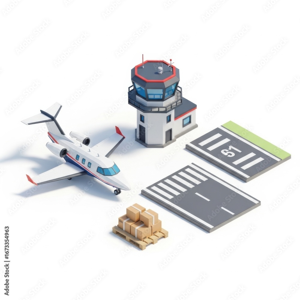 Miniature Airport Scene with Control Tower, Airplane, Runway, and Cargo ...