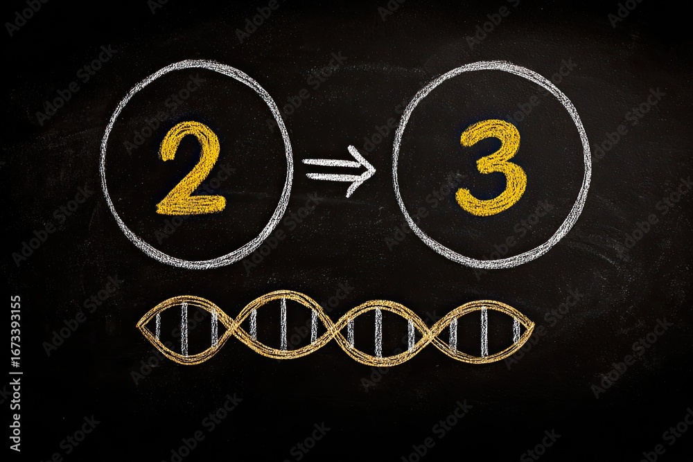 Chalkboard diagram showing numbers 2 and 3 with an arrow, and DNA ...