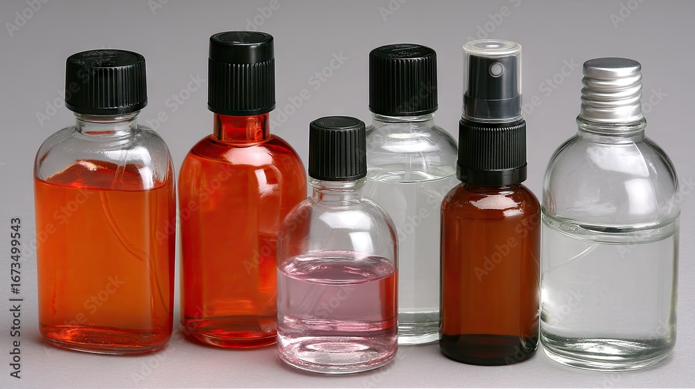 Variety of clear and colored liquid containers with different shapes ...