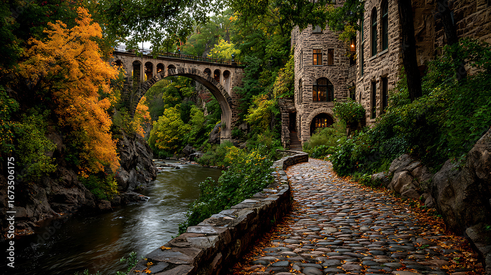 cobblestone path winding along a river towards a historic stone bridge ...