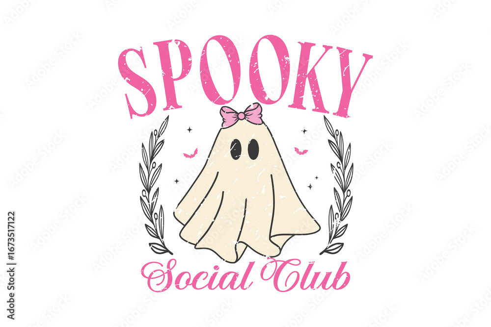 Girly "Spooky Social Club" Halloween Ghost. Cute retro ghost with pink ...