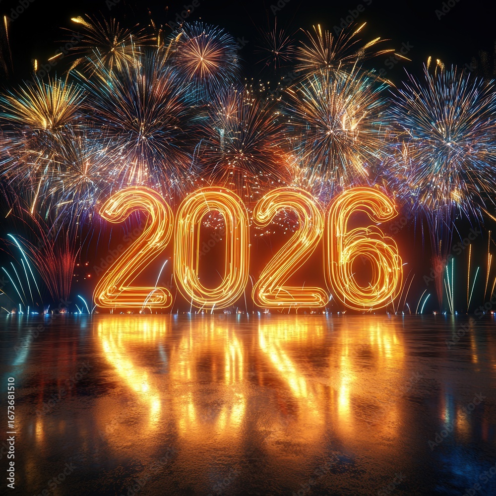 Illustration Stock New Year 2026 fireworks celebration night. Golden ...
