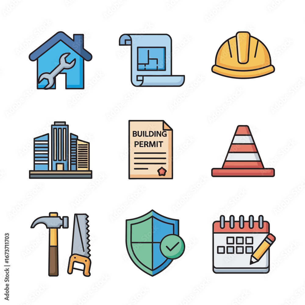 Construction tools represent building project planning safety approval ...