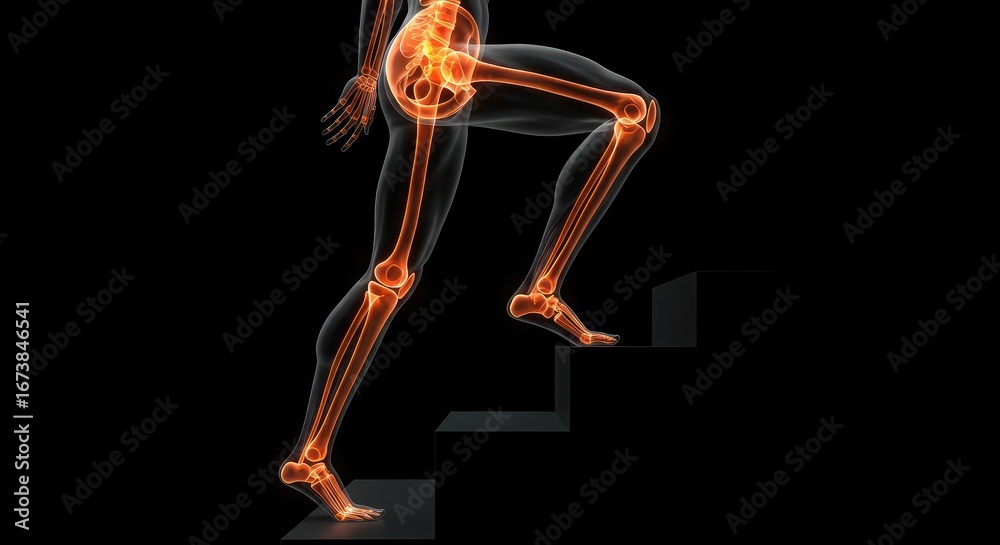 Ilustrace Anatomical illustration of a human skeleton climbing stairs ...