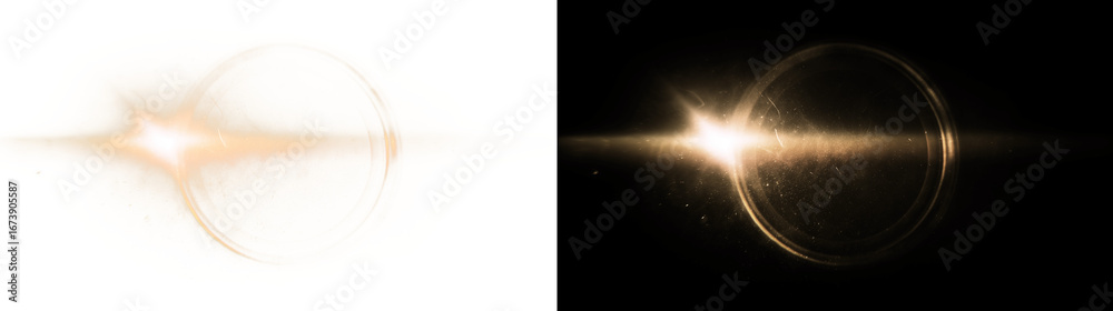 Warm golden cinematic lens flare with a bright light source and a large ...