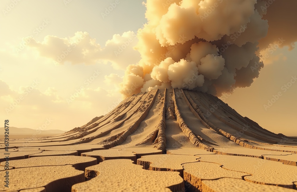 Active volcanic eruption with an ash plume and pyroclastic surface ...