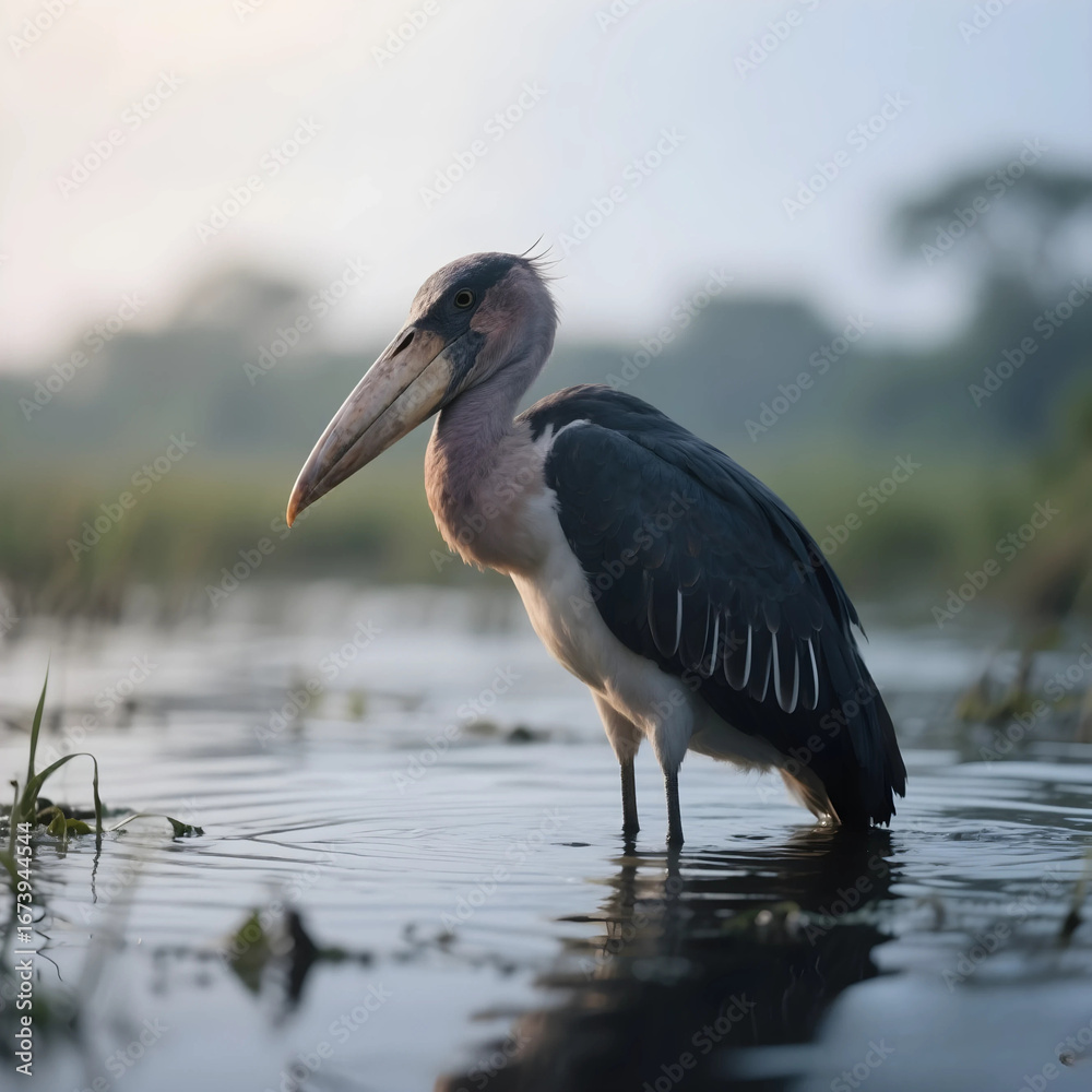 Shoebill stork standing in swamp, giant beak detail, dramatic lighting ...