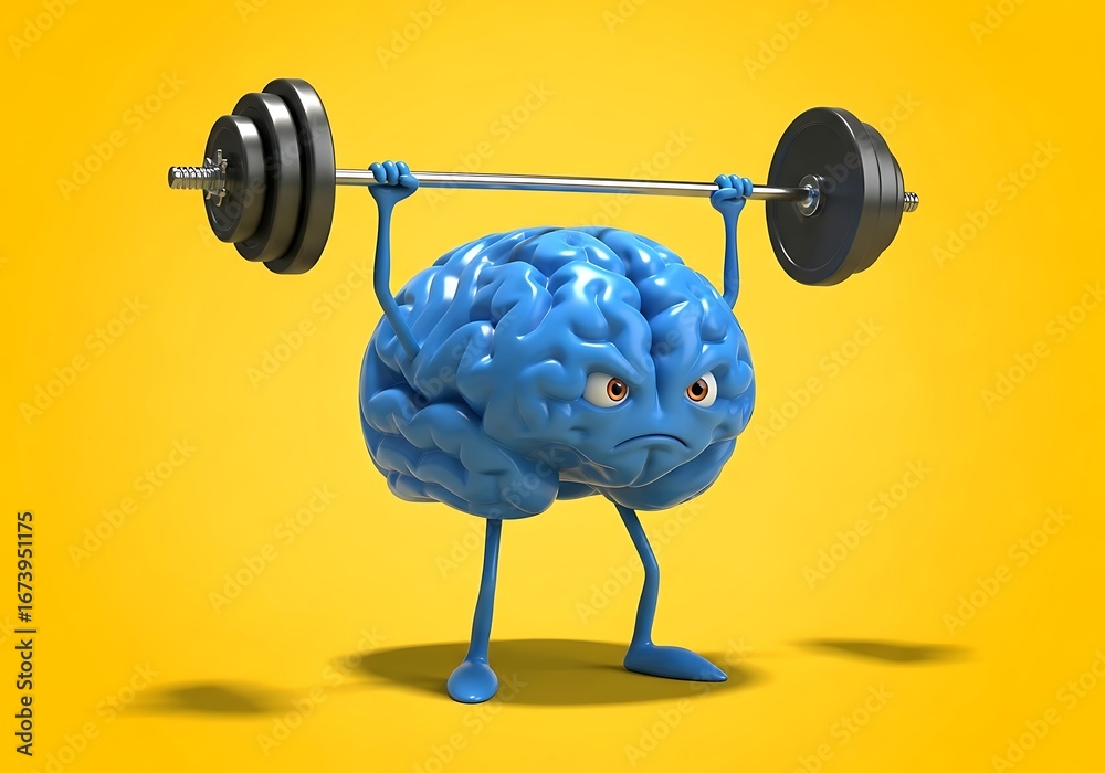 A cartoon brain character lifting a heavy barbell, representing mental ...
