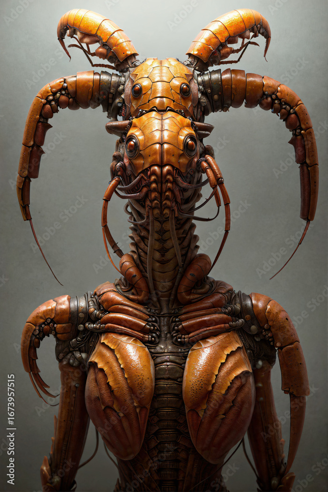 Alien insect demon hybrid with twisted horns, biomechanical armored ...