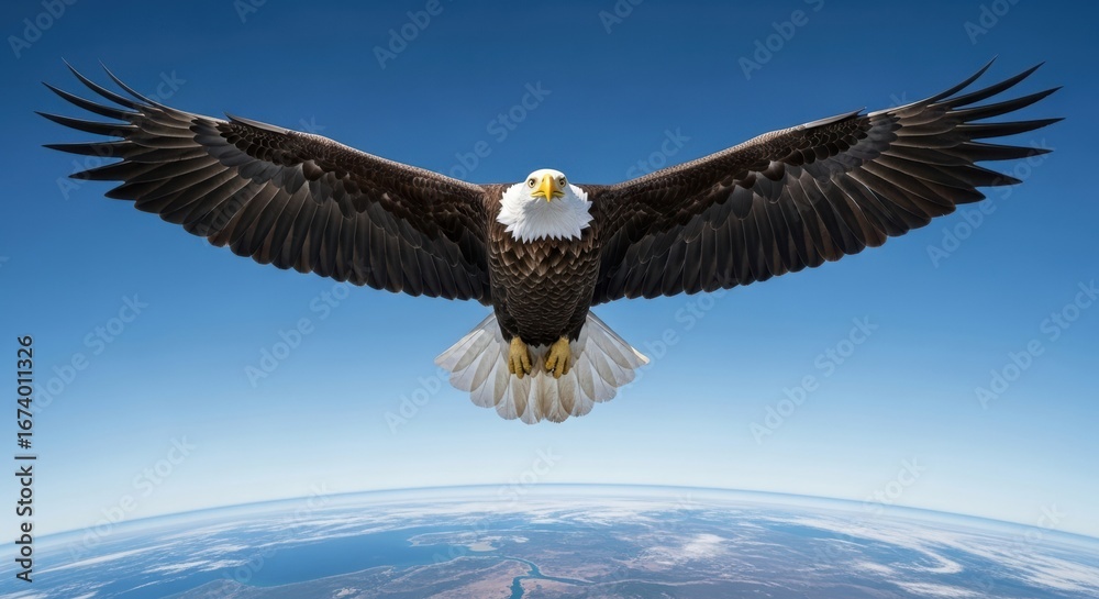 Bald eagle soaring high above the earth with its wings fully extended ...