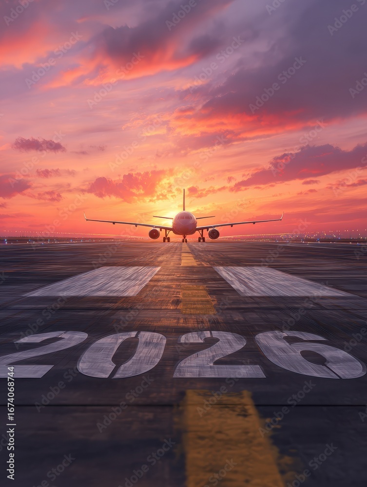airplane on runway with 2026 marking at sunset airplane on runway with ...