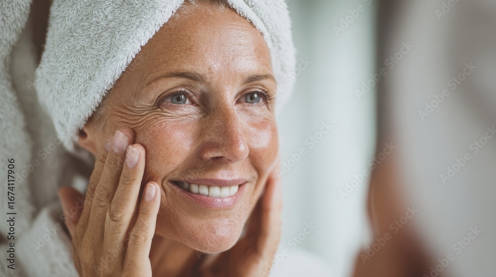 Happy 50s Middle Aged Woman Model Touching Face Skin Looking In Mirror