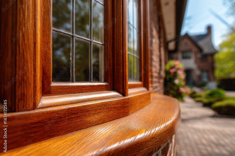 Brown wooden trim on a bay window with small panes of glass. Wood frame ...