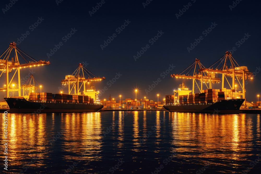 Illuminated Container Ships and Cranes at a Port at Night with Water ...