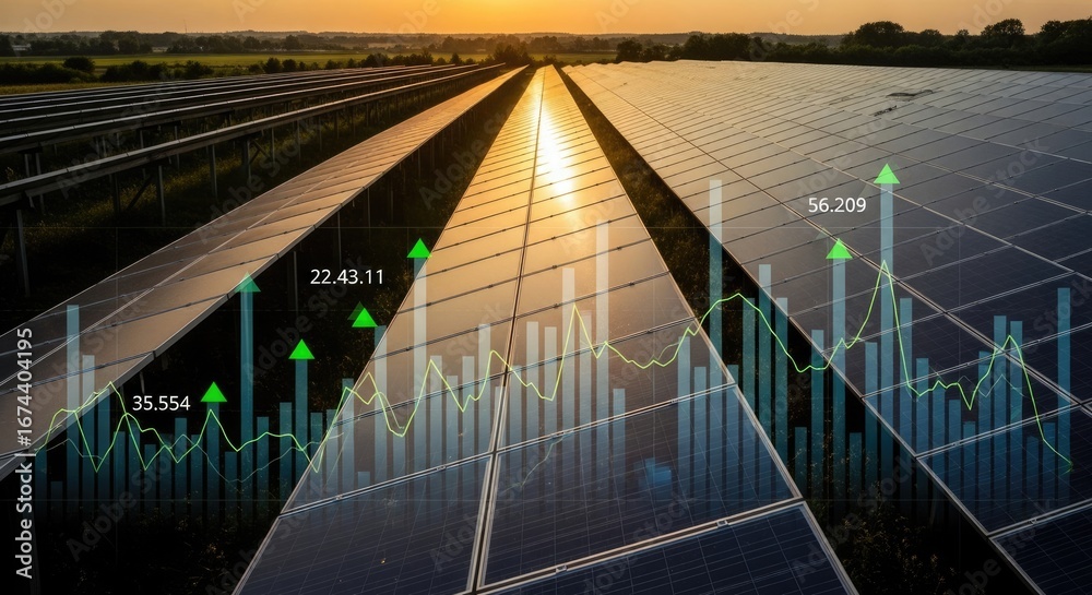 Solar Panel Array with Overlayed Stock Chart and Green Upward Arrows at ...