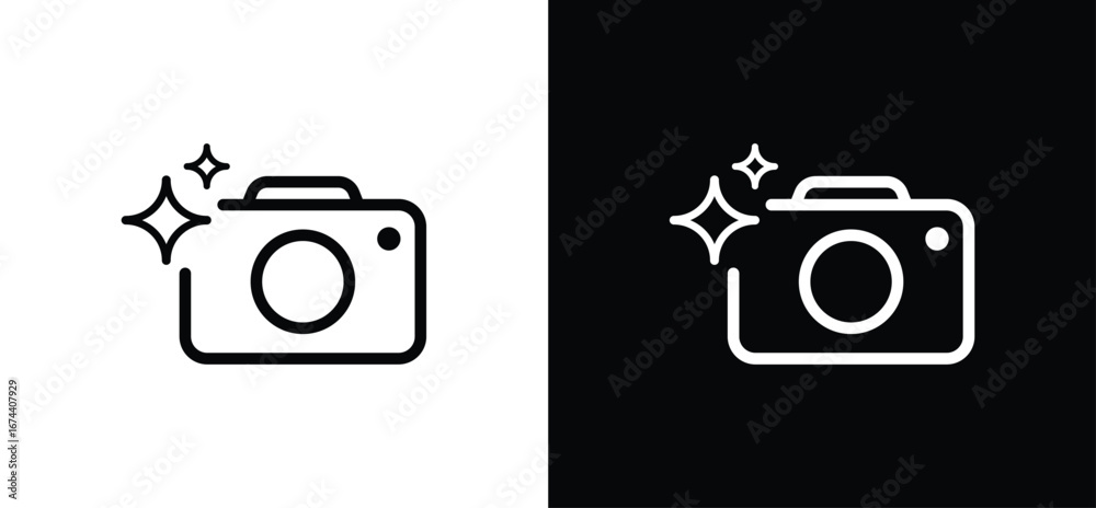 Set of AI camera icons in minimalist line vector style, sparkle stars ...