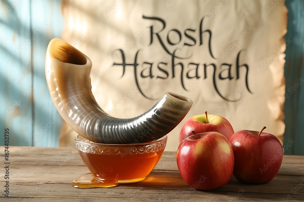 Symbolic Shofar horn, apples, and honey promise sweet new year ...