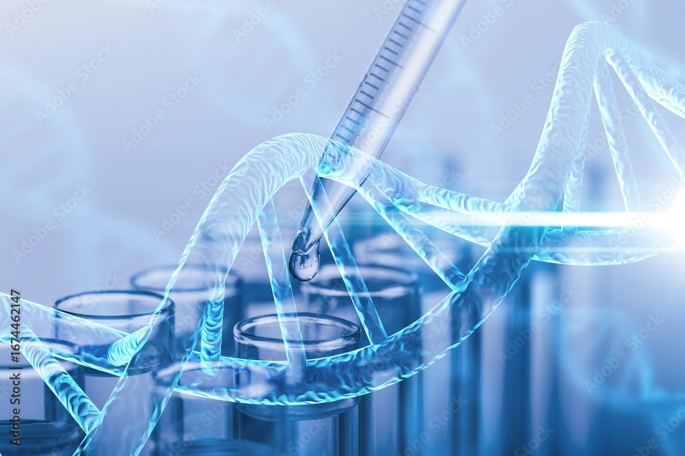 Illustrations of DNA structure and test tubes , double exposure Stock ...