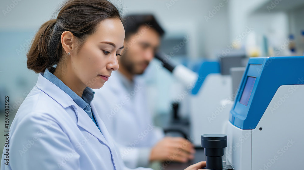 Pharmaceutical research scientists develop new drug formulations using ...