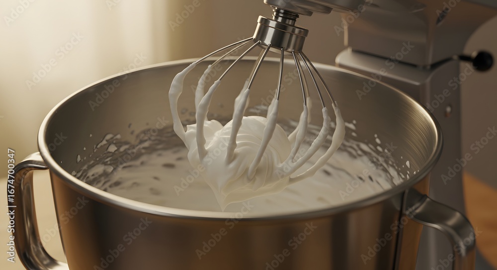 An electric stand mixer with a whisk attachment whipping fresh cream ...