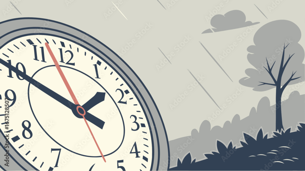 Time management concept showing clock in rainy weather landscape for ...