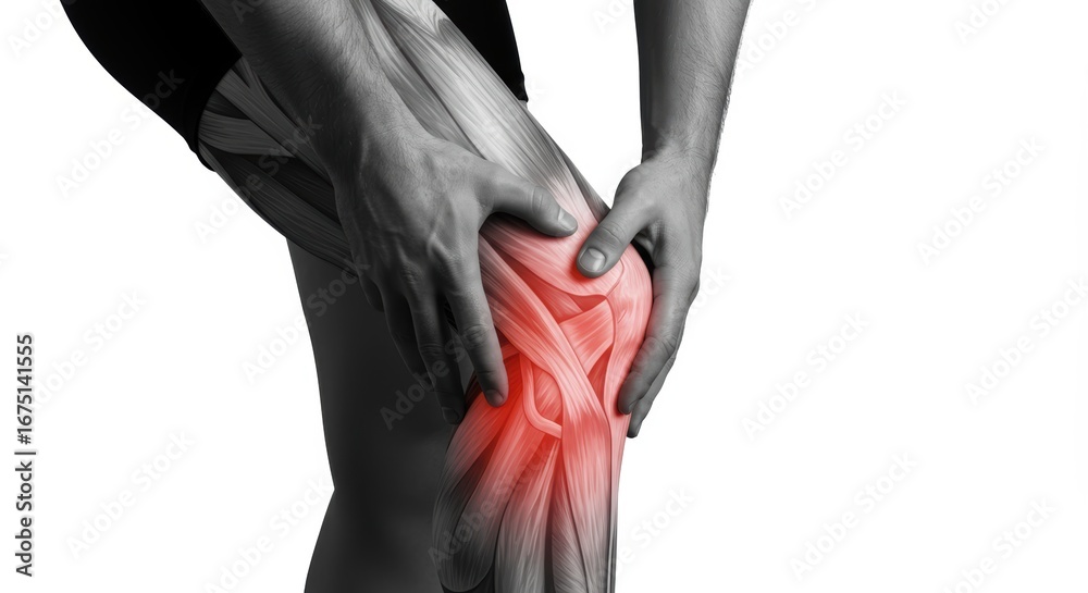 Knee pain injury inflammation concept highlighting area of pain in ...