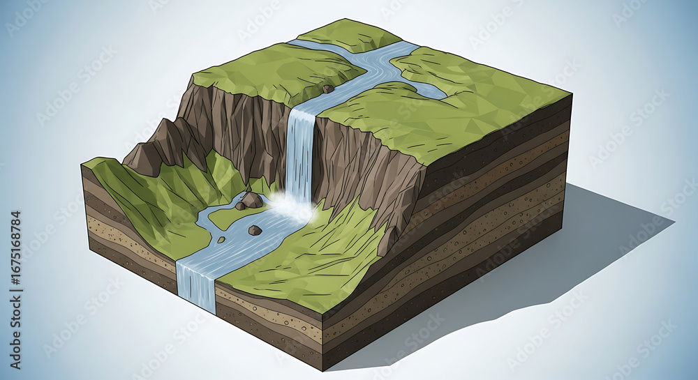 Isometric diagram of a waterfall landscape showing a cross-section of ...