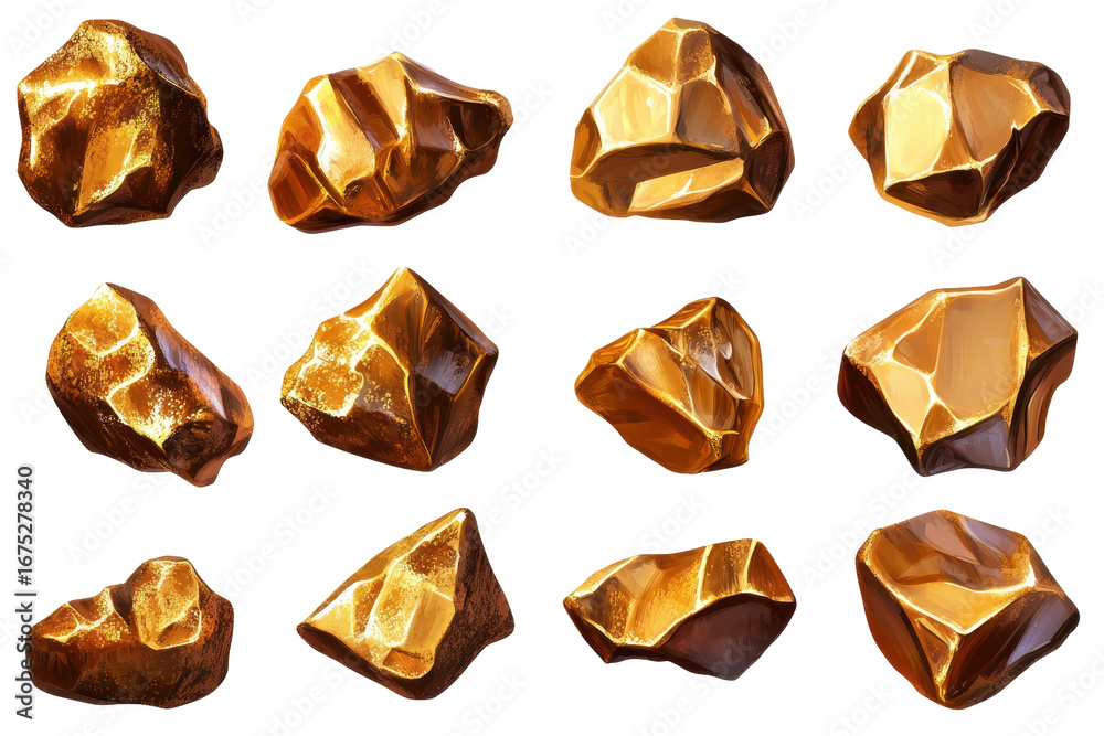 Collection of isolated gold nuggets displaying various shapes and sizes ...