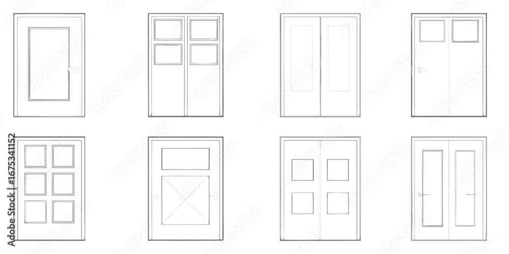 Collection of eight different styles of architectural doors and ...