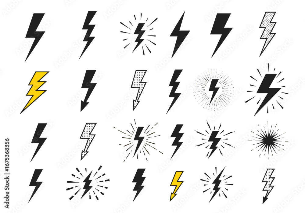 Collection of lightning bolt symbols for design projects and energy ...