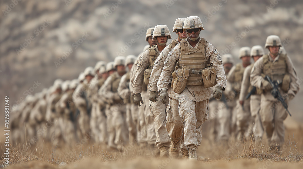 Soldiers marching in unison across an open field Stock Photo | Adobe Stock