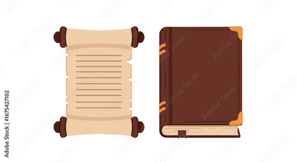 Illustrated Old Book and Scroll Depicting Historical Knowledge and ...