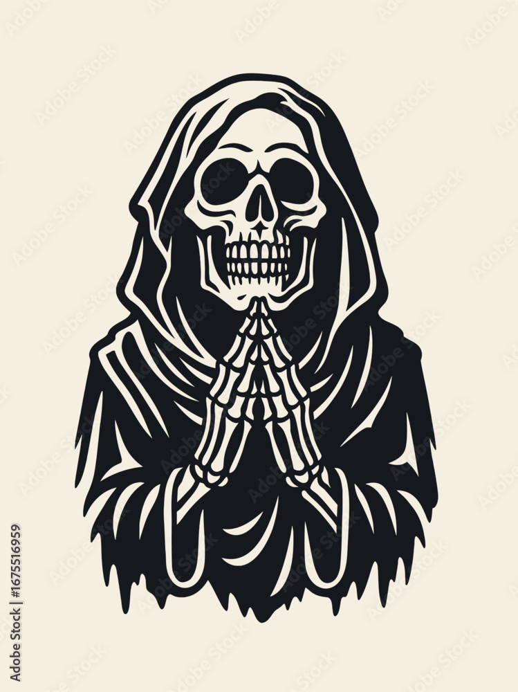 Grim reaper skeleton praying hood engraving style vector illustration ...