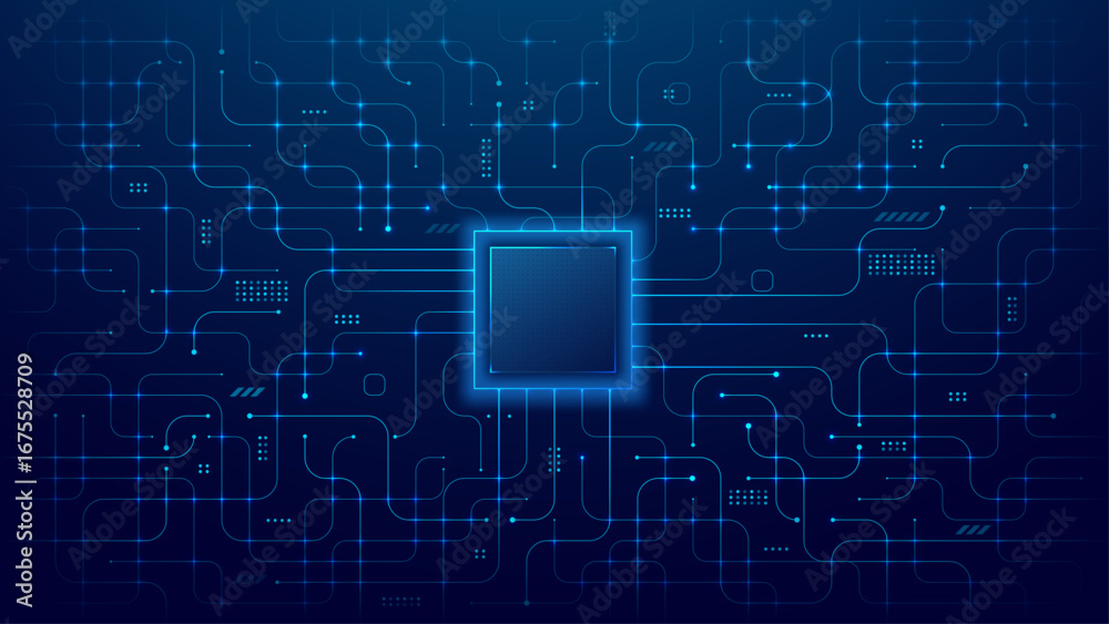 Empty semiconductor on circuit board blue background. AI chip on tech ...