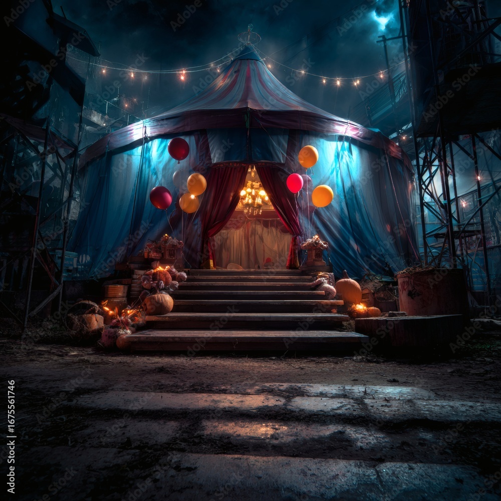 Creepy carnival Halloween night, haunted circus tent, scary clowns – 16 ...