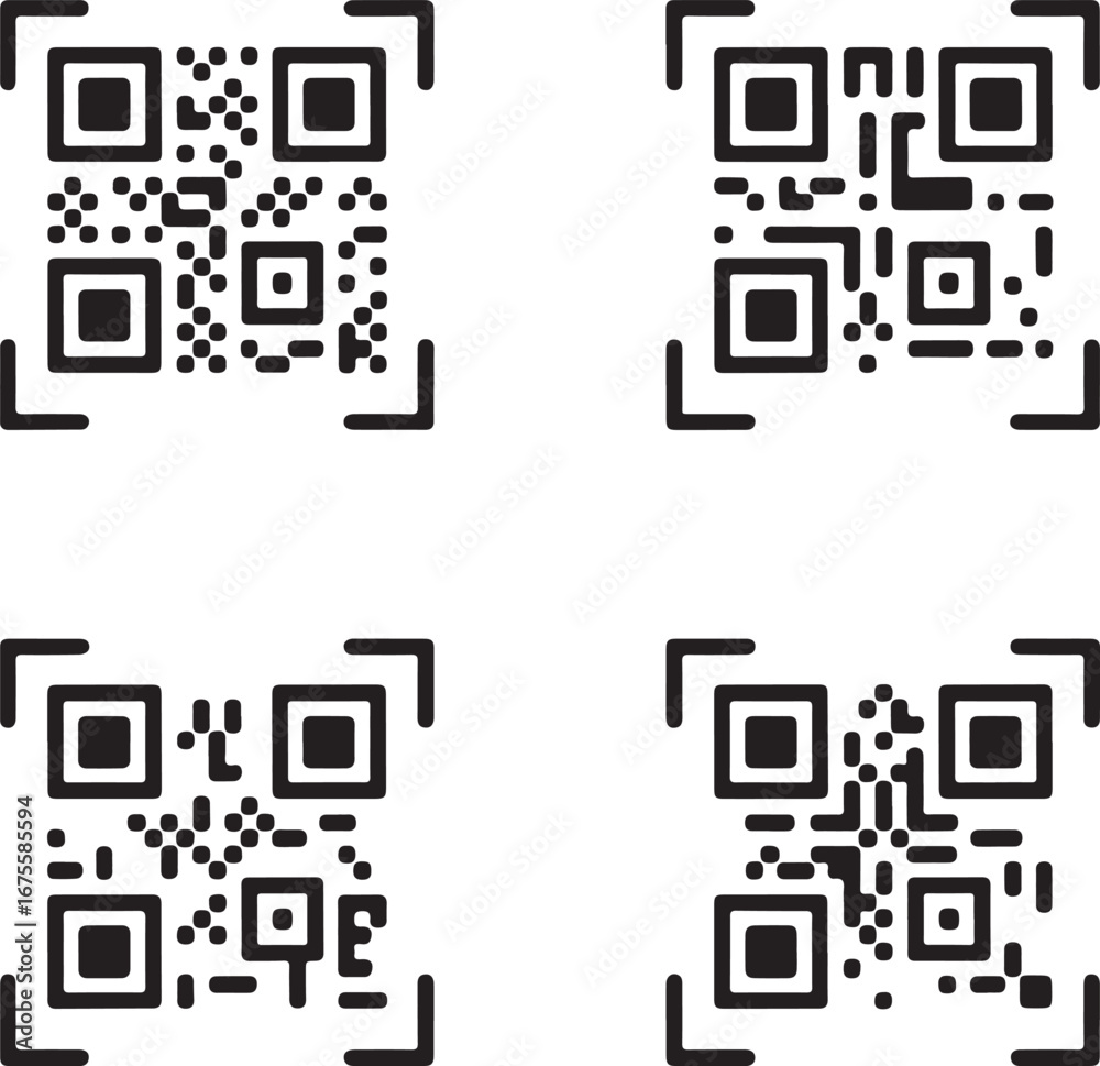 QR Code Icons Set Four Black and White Codes with Scan Label Vector ...