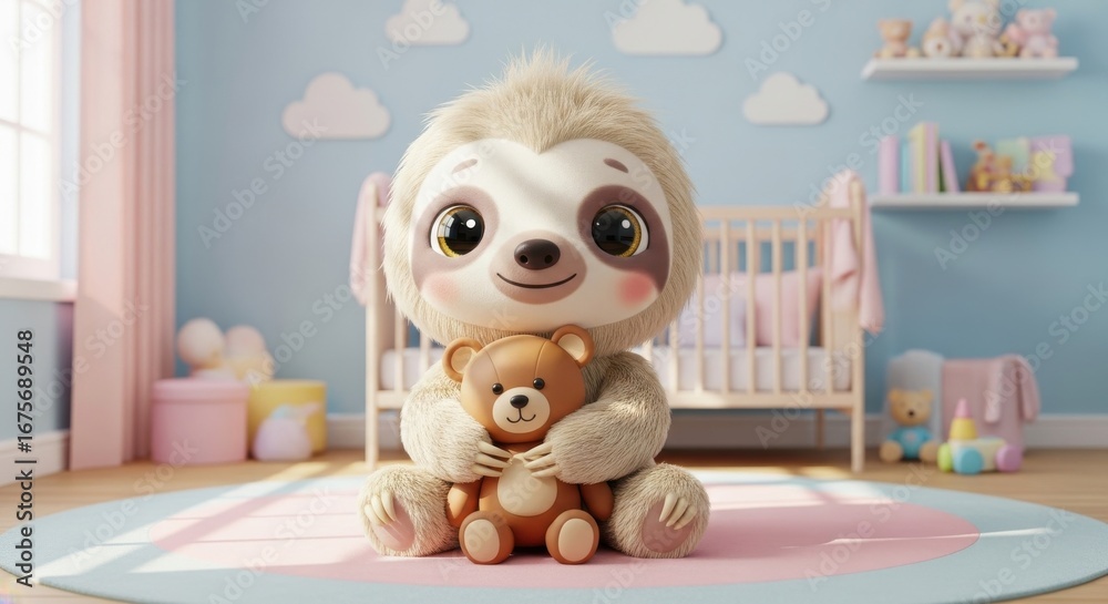 Illustrazione stock di Cartoon sloth cuddles a teddy bear in a light ...