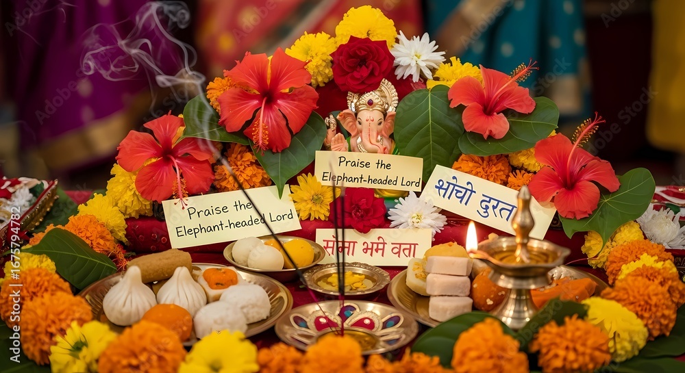 Vibrant Hindu puja ceremony setup with a Ganesha idol, colorful ...