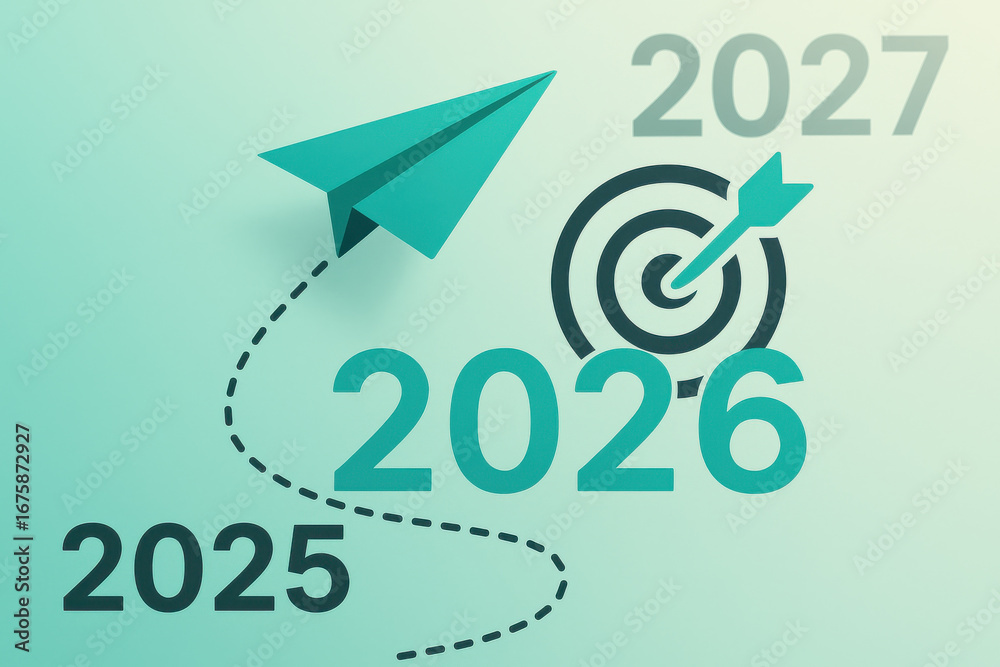 Paper airplane flying toward target with years 2025, 2026, and 2027 ...