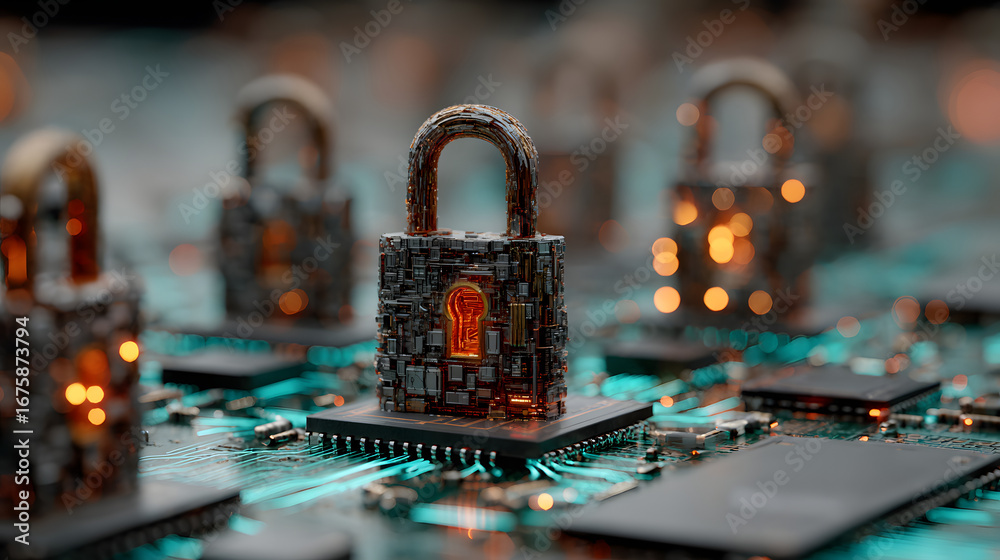 Cybersecurity concept with digital padlocks and futuistic network ...