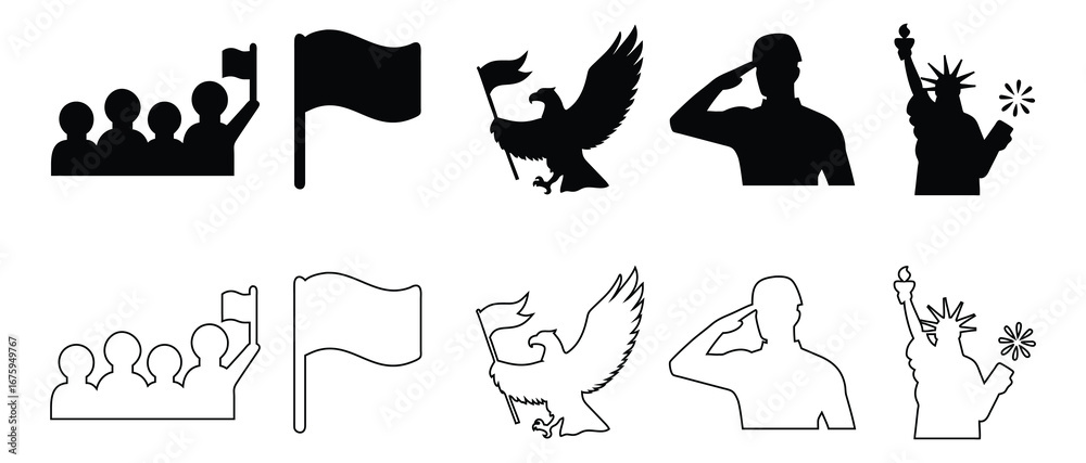 Patriotic american symbols icons featuring flags eagles and saluting ...