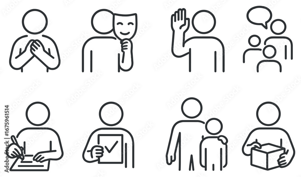 Communication linear icon set. featuring speaking, listening, writing ...