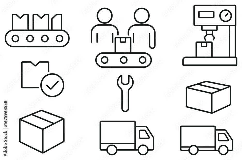 Logistics and manufacturing linear icon set. featuring conveyor ...