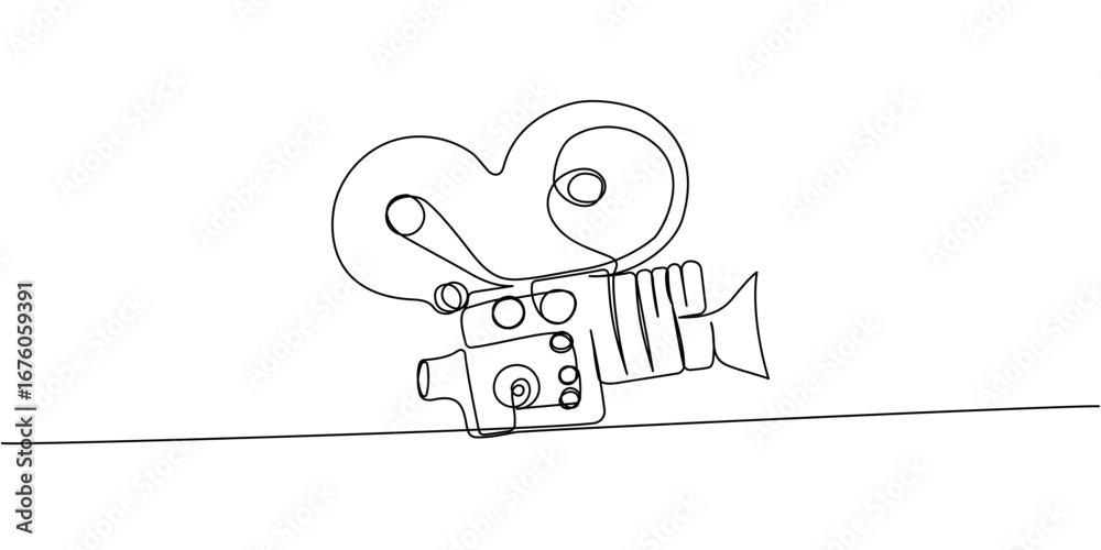 Line art of a retro movie camera with large reels, minimalist ...